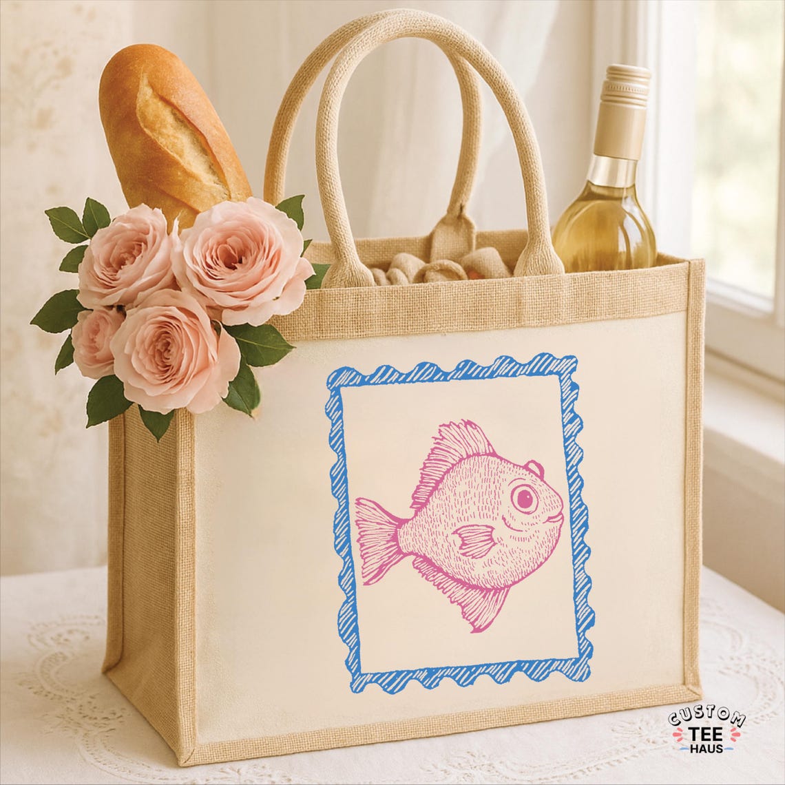 Stamp Frame Sea Life Tote Bag, Ocean Lover Gift, Fish Jute Tote Bag ...