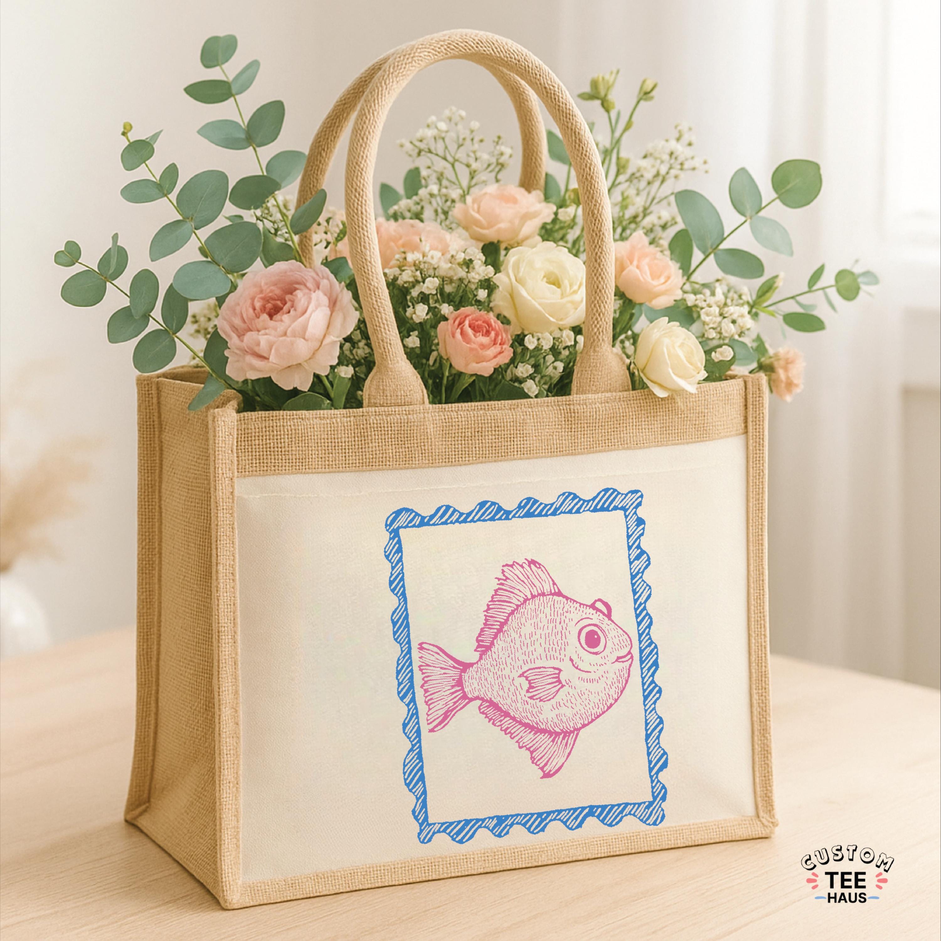 Stamp Frame Sea Life Tote Bag, Ocean Lover Gift, Fish Jute Tote Bag ...