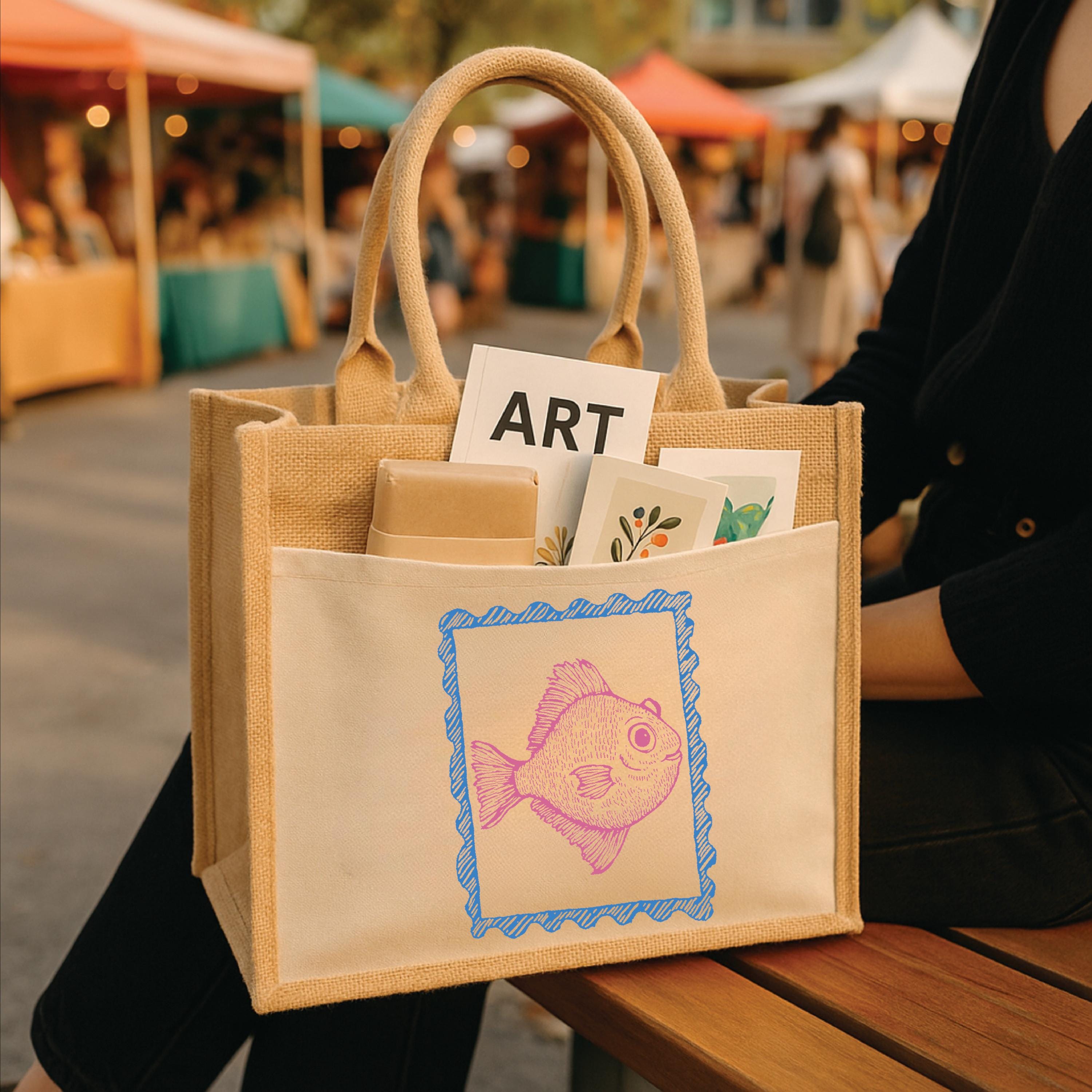 Stamp Frame Sea Life Tote Bag, Ocean Lover Gift, Fish Jute Tote Bag ...