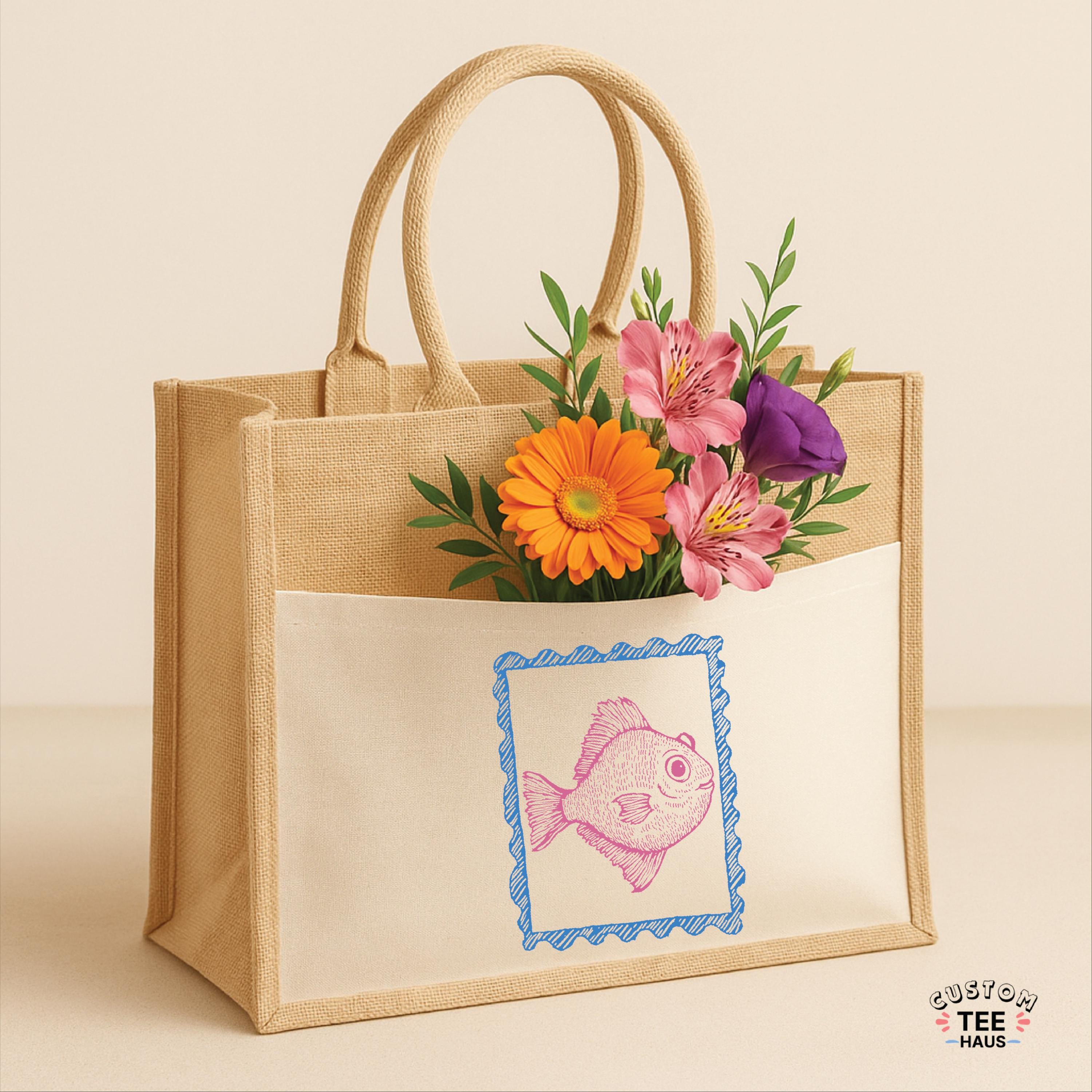 Stamp Frame Sea Life Tote Bag, Ocean Lover Gift, Fish Jute Tote Bag ...