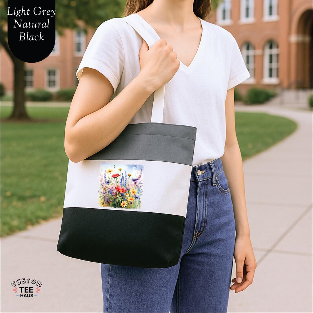 Watercolor Wildflower Tote Bag | Floral Canvas Bag in Light Grey ...