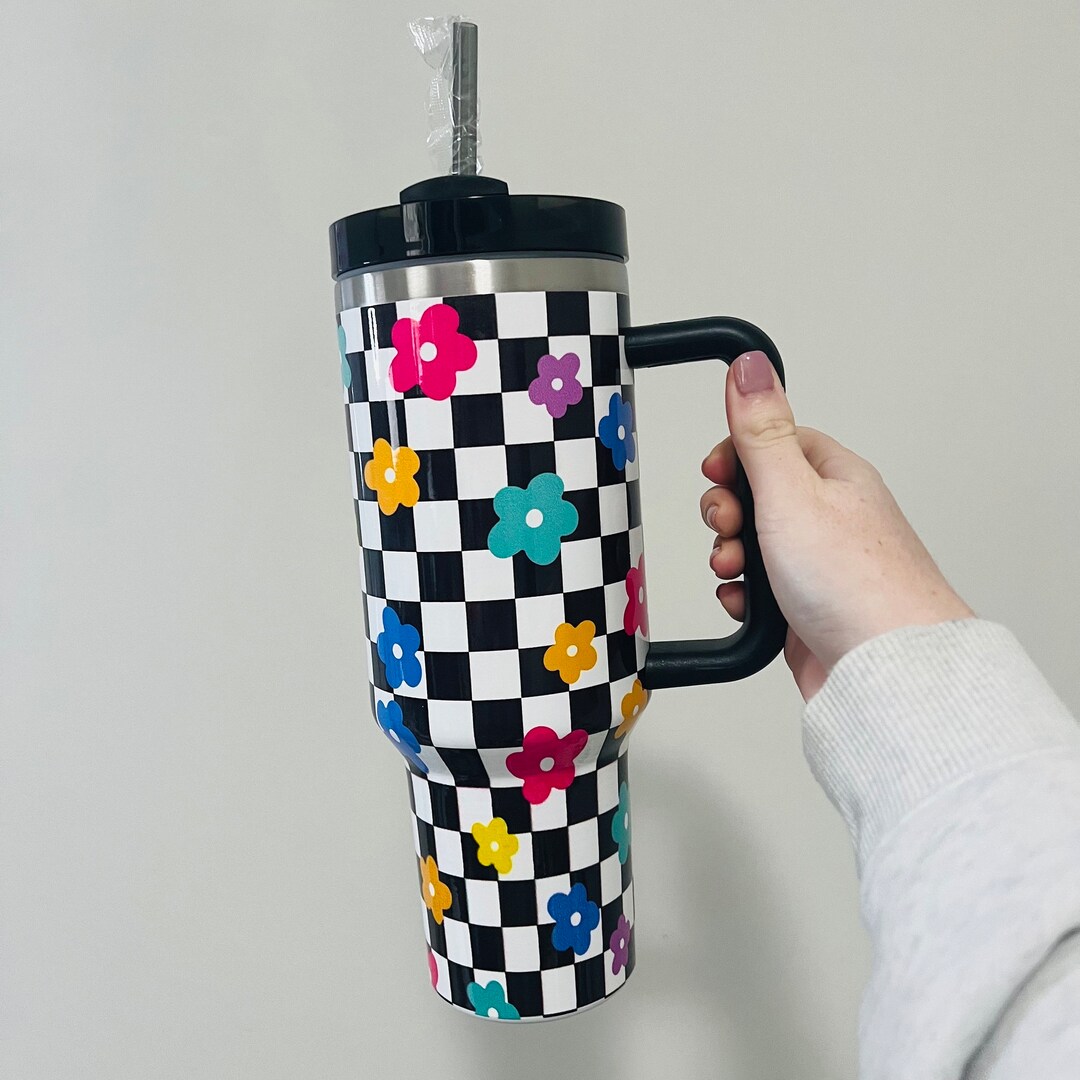 Black and White Checkered Flower Tumbler, Flower Tumbler, Checkered ...