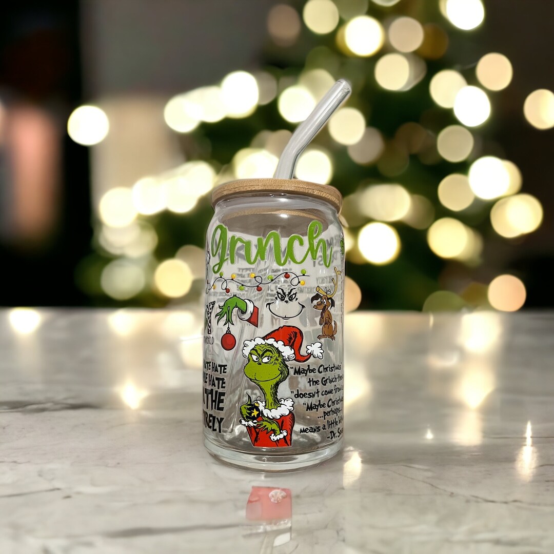 Grinch Glass Can, Grinch Can, Christmas Glass Can, Grinch Coffee Cup ...
