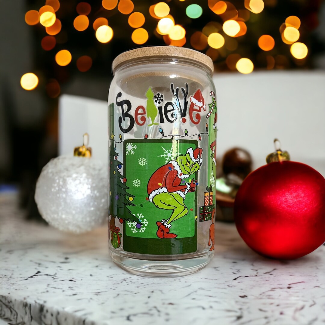 Grinch Glass Can, Grinch Glass Cup, Christmas Glass Can, Grinch Coffee ...