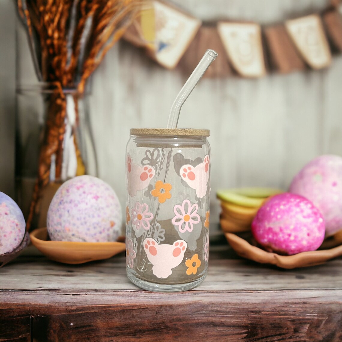 Bunny Flower Glass Cup, Bunny Coffee Cup, Easter Glass Cup, Bunny ...