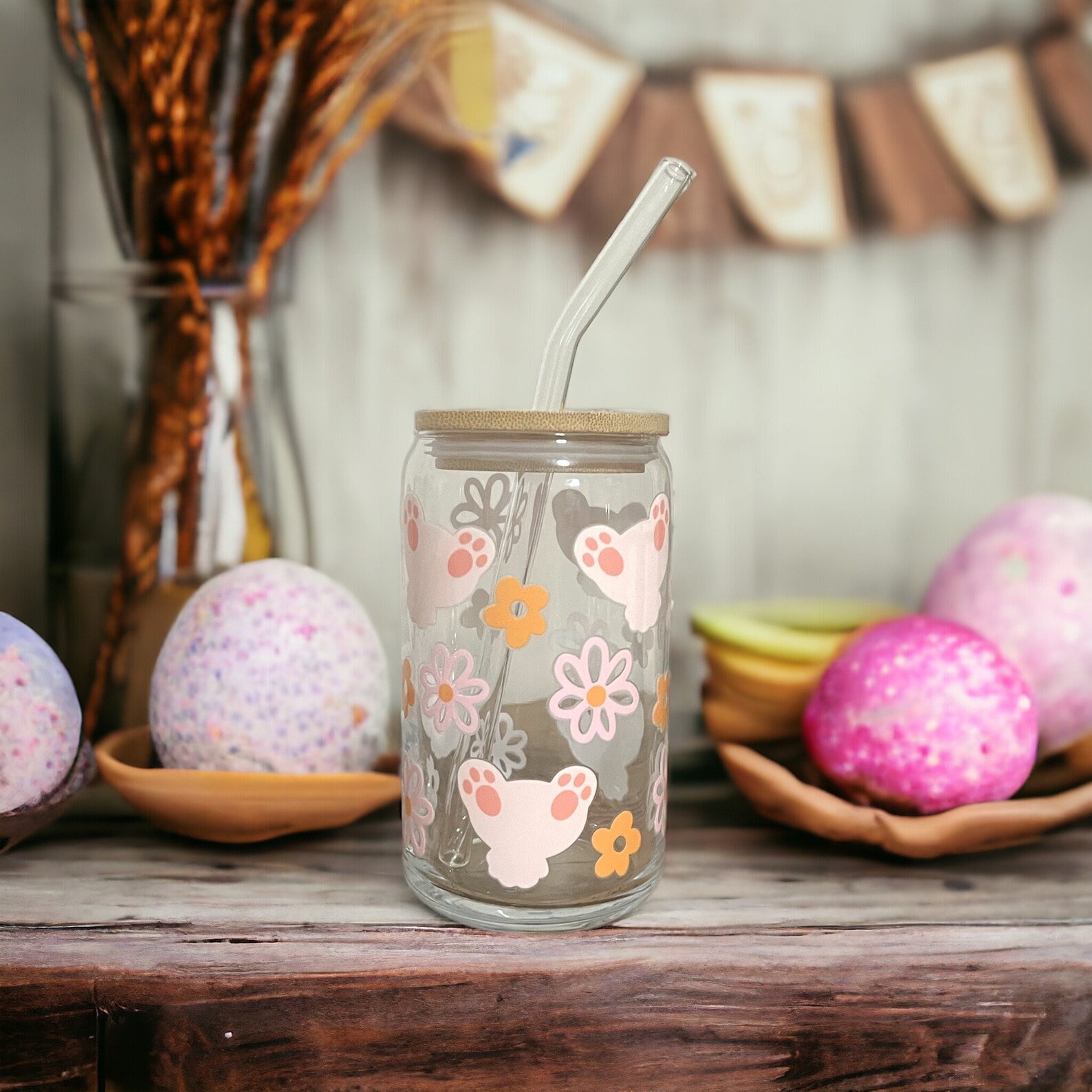 Bunny Flower Glass Cup, Bunny Coffee Cup, Easter Glass Cup, Bunny ...