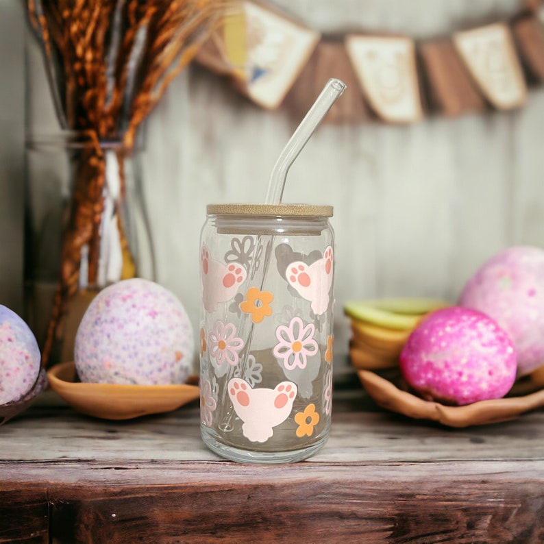 Bunny Flower Glass Cup, Bunny Coffee Cup, Easter Glass Cup, Bunny ...