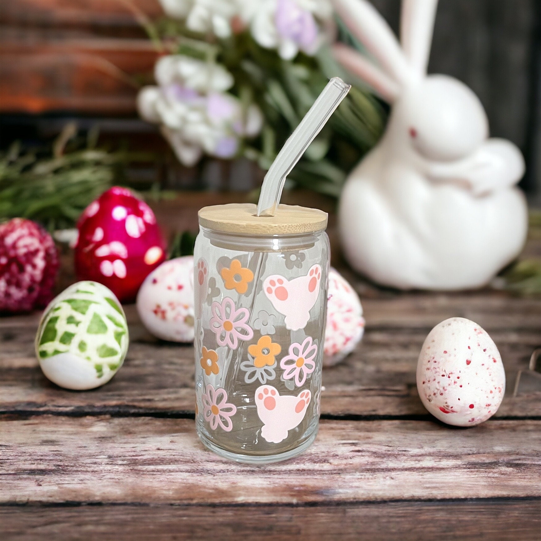 Bunny Flower Glass Cup, Bunny Coffee Cup, Easter Glass Cup, Bunny ...