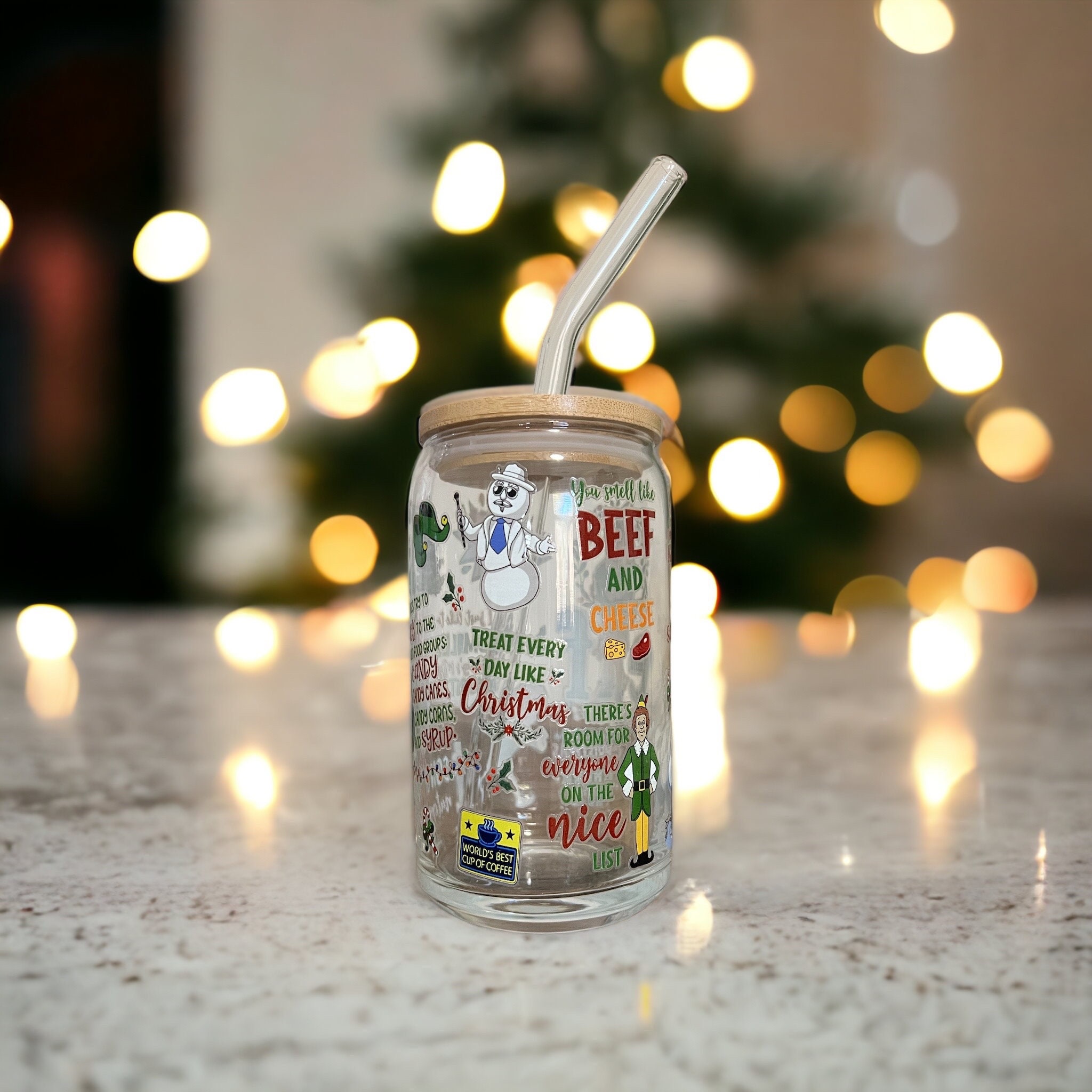 Elf Glass Can Elf Glass Cup Christmas Glass Can Elf Coffee - Etsy