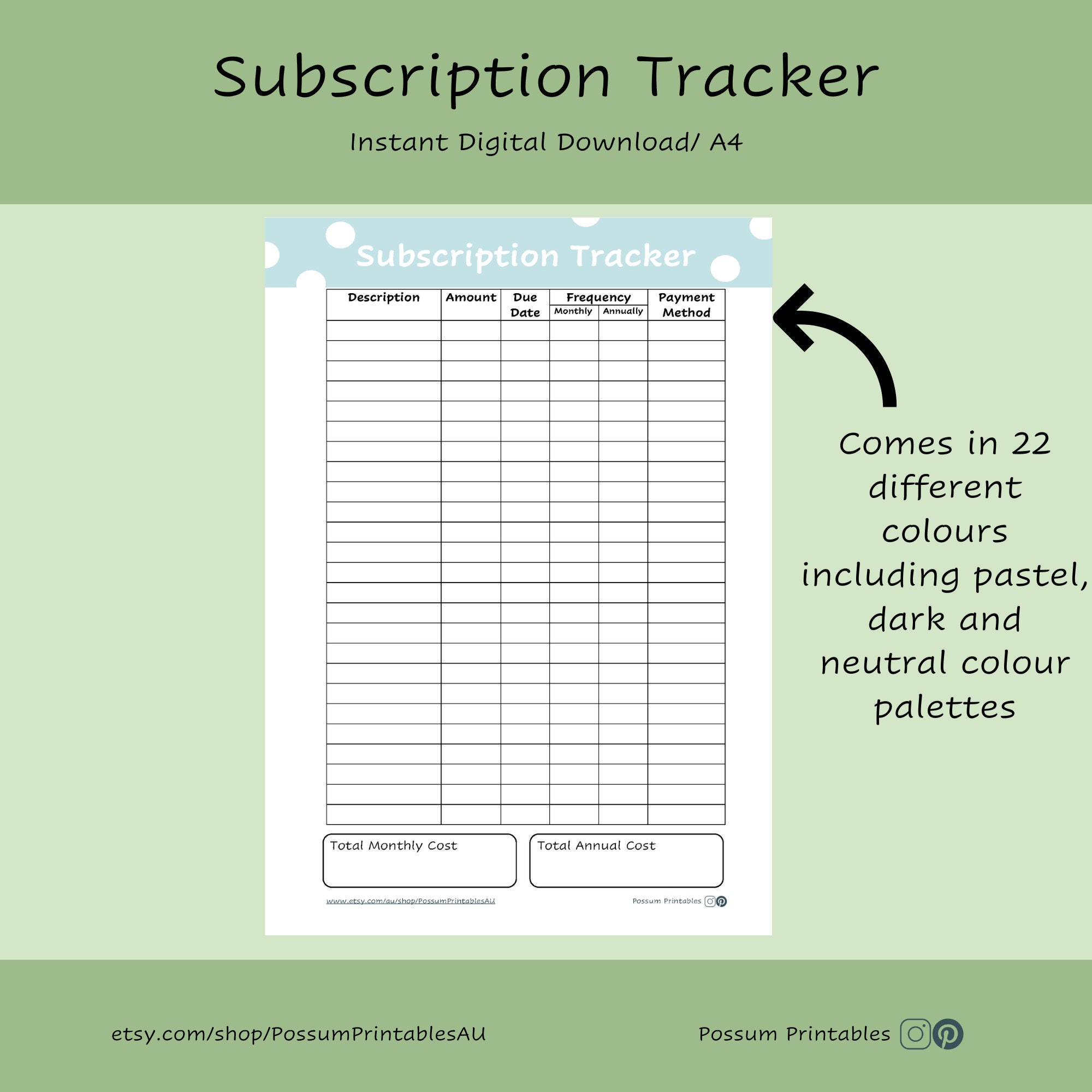 Printable Subscription Tracker Subscription Log Expense - Etsy