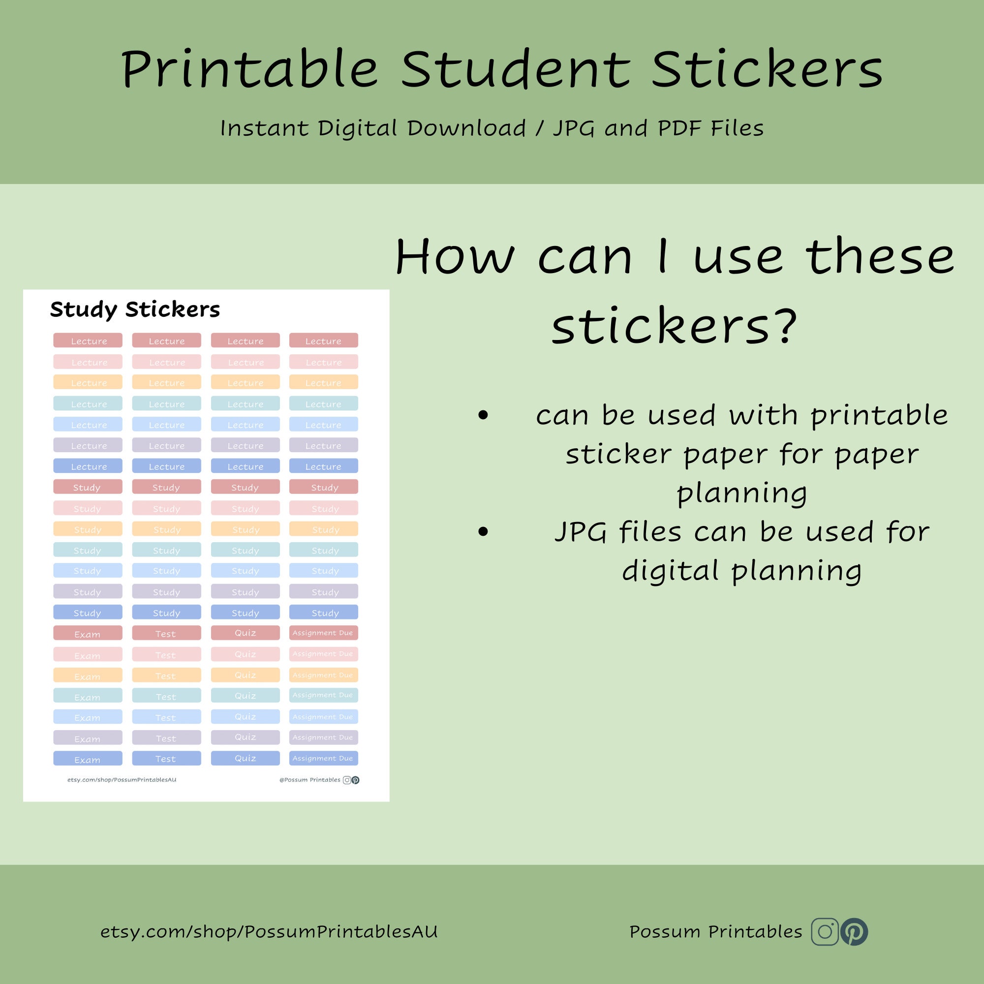 Student Study Planner Stickers, Printable Digital Download, Collage ...