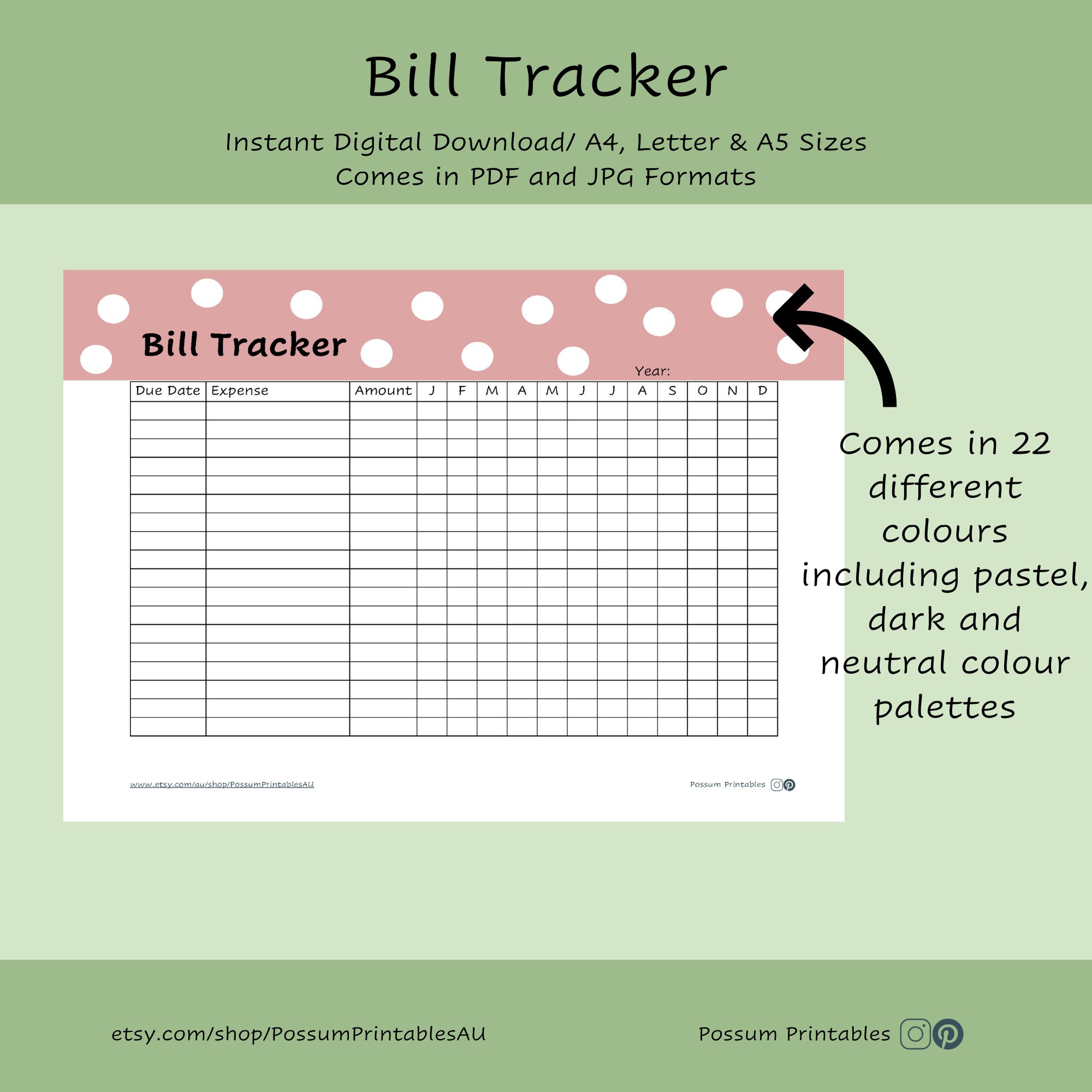 Printable Bill & Expense Tracker L Digital Instant Download L - Etsy