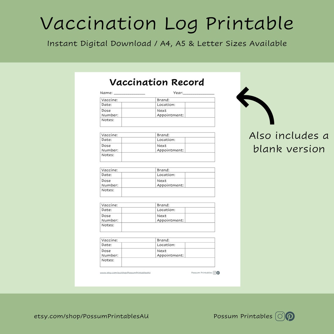Vaccination Record Printable L Vaccination Log Instant Download L A4 ...