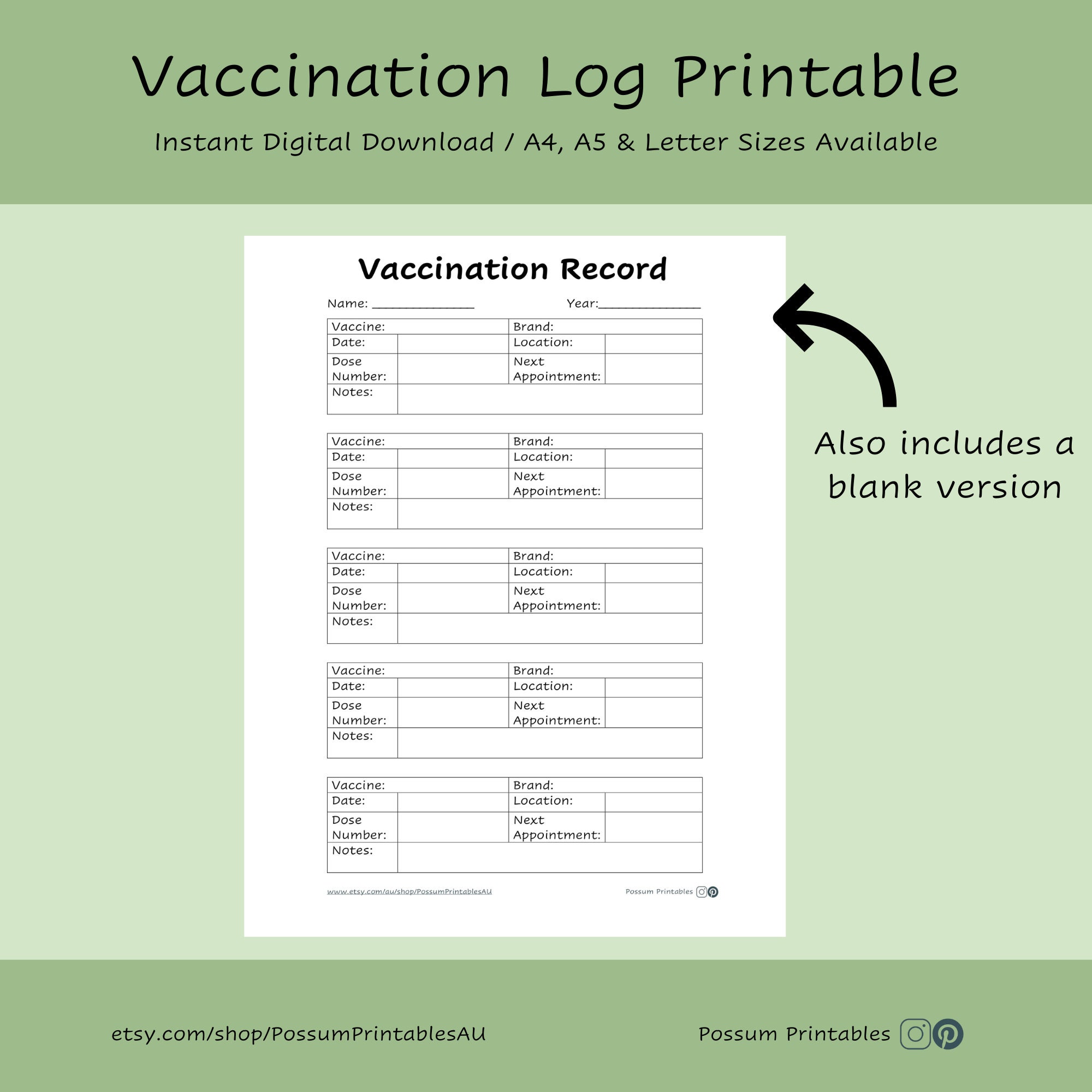 Vaccination Record Printable L Vaccination Log Instant Download L A4 ...