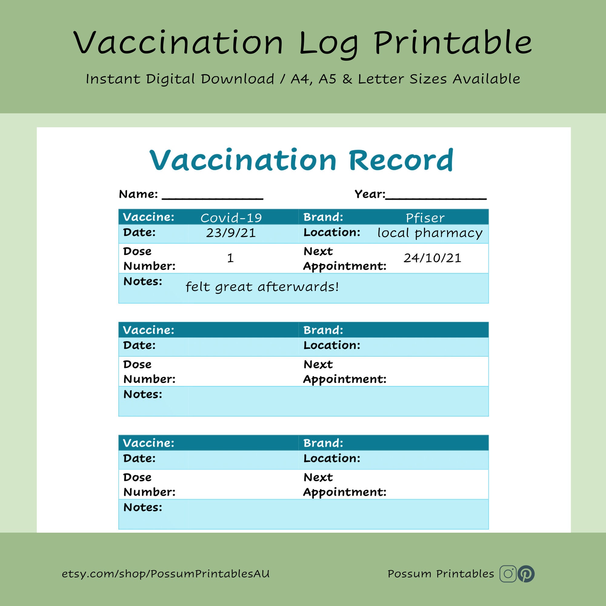 Vaccination Record Printable L Vaccination Log Instant Download L A4 ...