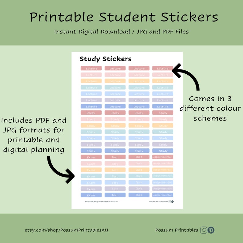 Student Study Planner Stickers, Printable Digital Download, Collage ...