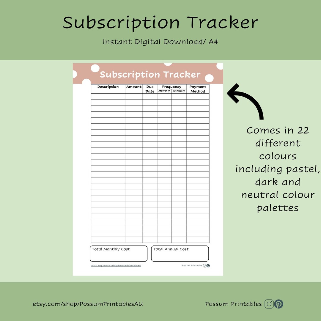 Printable Subscription Tracker Subscription Log Expense Tracker Planner ...