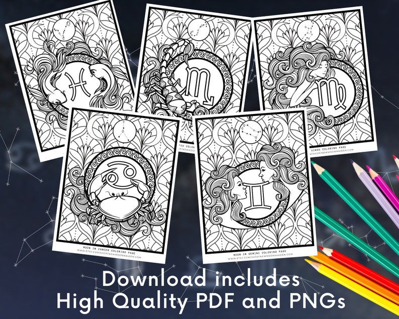 Zodiac Sign Coloring Pages | Art Nouveau Printable (PDF & PNG) - Etsy