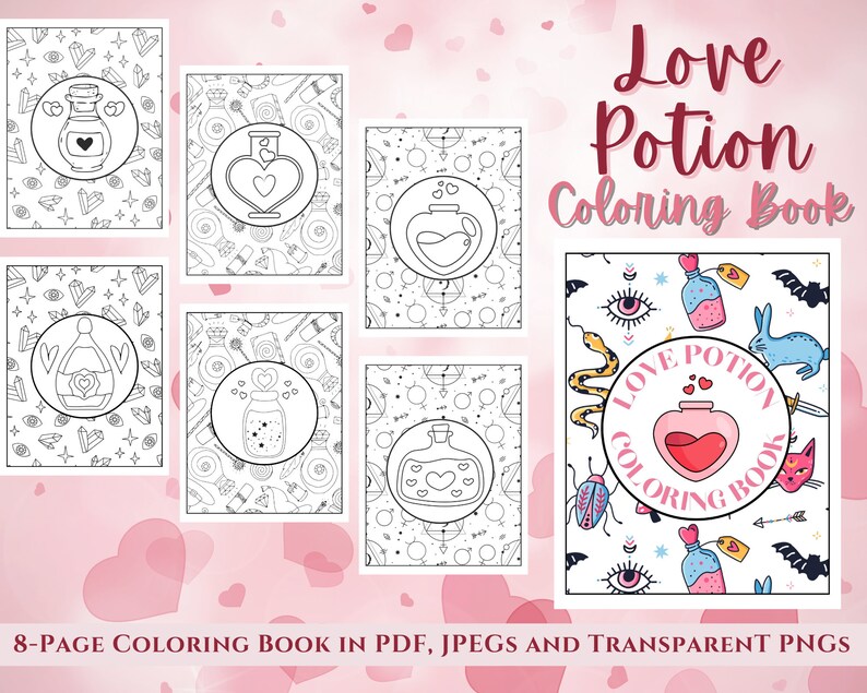 Love Potion Coloring Pages 8-page Love Spell Coloring Book Valentine ...