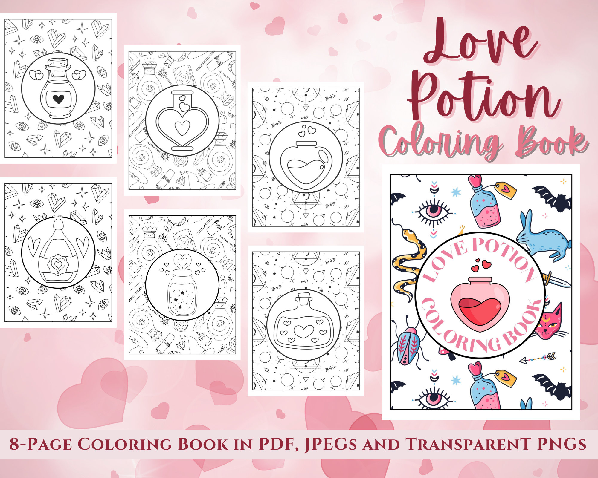 Love Potion Coloring Pages 8-page Love Spell Coloring Book Valentine ...