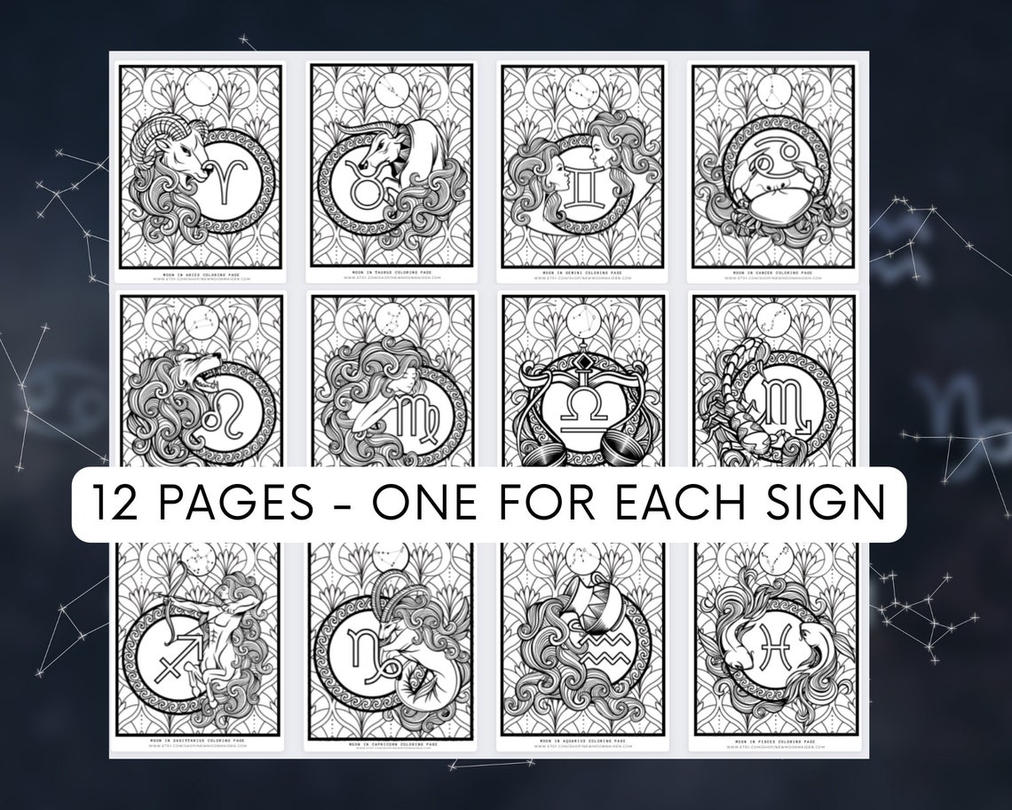 Zodiac Sign Coloring Pages 12-page Printable Digital - Etsy