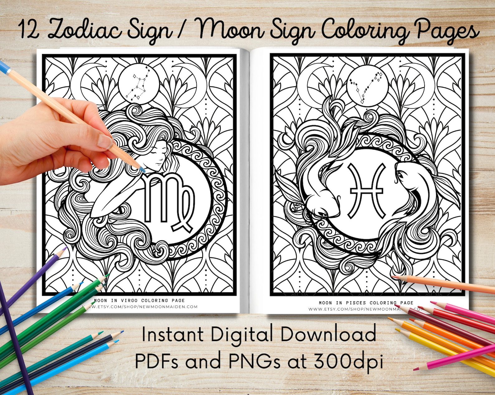 Zodiac Sign Coloring Pages 12-page Printable Digital - Etsy