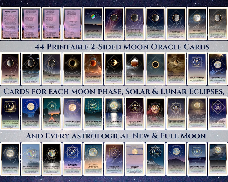 Mystic Moon Oracle Deck Printable Divination Cards 44 Card Moon Magic