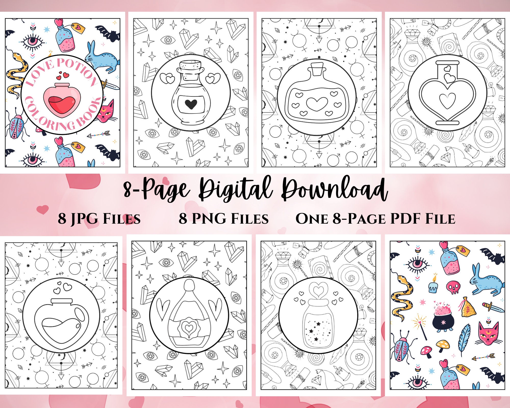 Love Potion Coloring Pages 8-page Love Spell Coloring Book Valentine ...