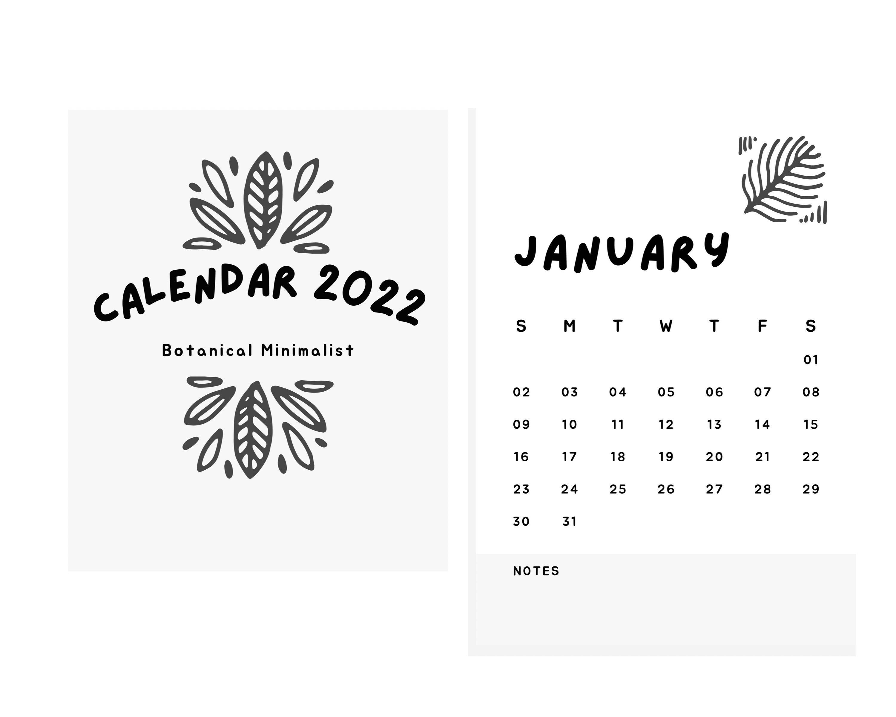 2022 Monthly Calendar, Printable Calendar Template, Minimalist Calendar ...