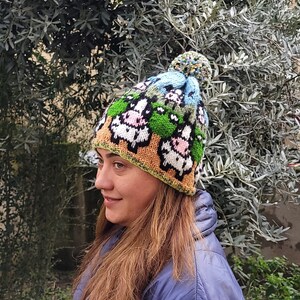 Dairy Cow Hat, Hand Knit Wool Bobble Beanie, Cute Animal Patterned ...