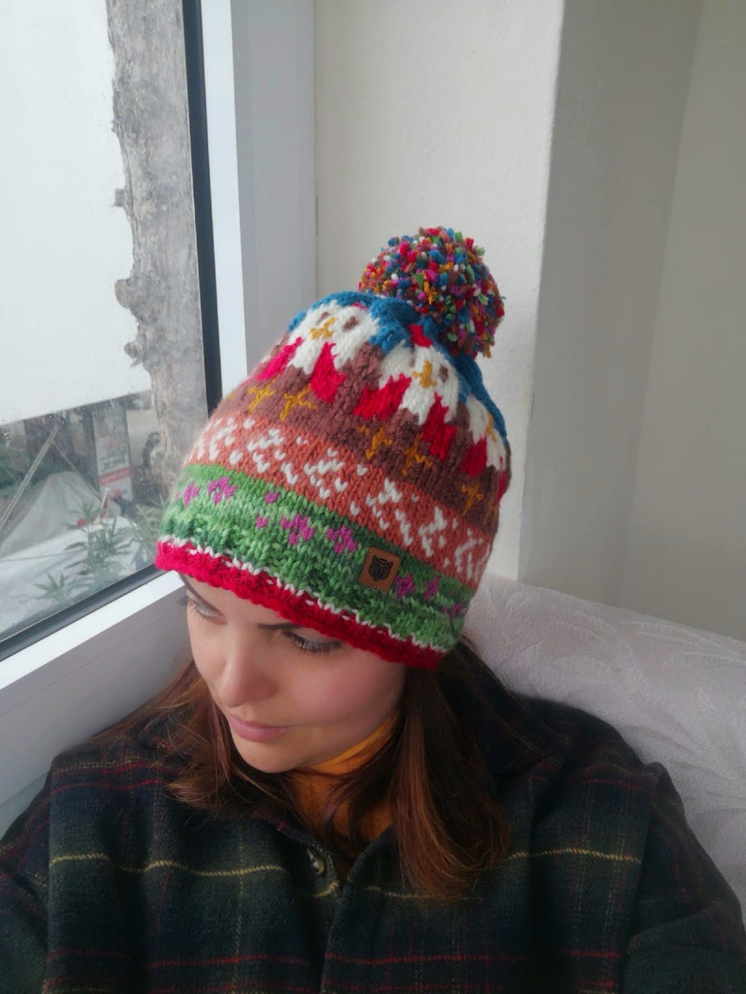 Women's hand knit chicken hat, Chicken bobble beanie, Handmade animal ...