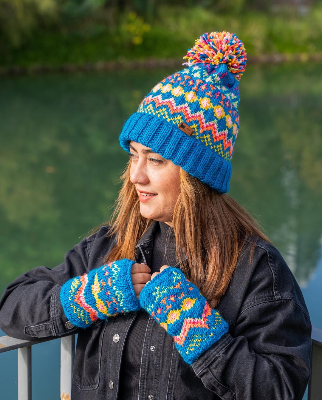 Women's Hand Knitted Blue Winter Hat, Fair Isle Bobble Beanie, Fleece ...