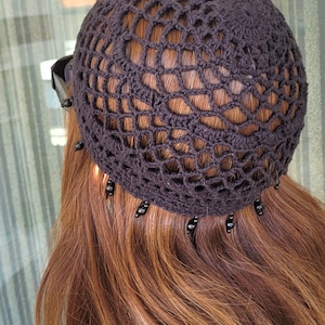 Beaded Black Crochet Hat, Cotton Mesh Knitted Hat, Skull Cap, Retro Hat ...