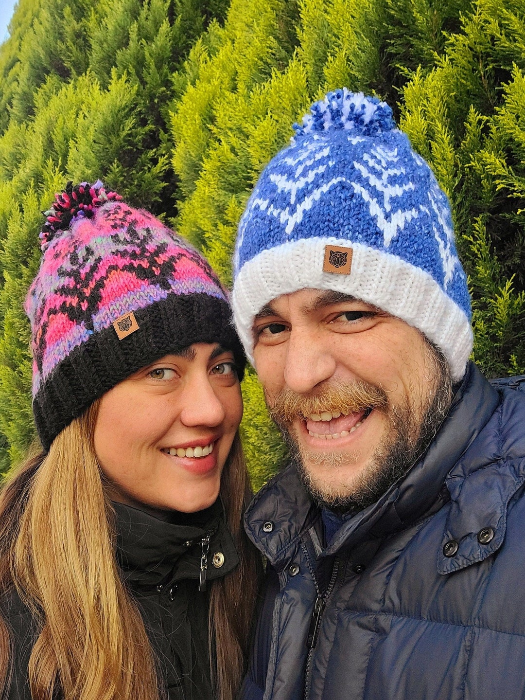 Hand Knit Couple Matching Hats, Fair Isle Alaska Hats, Vintage Bobble ...