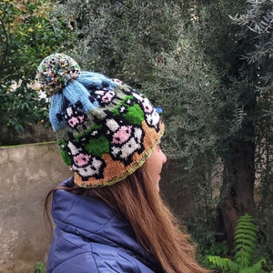 Dairy Cow Hat, Hand Knit Wool Bobble Beanie, Cute Animal Patterned ...
