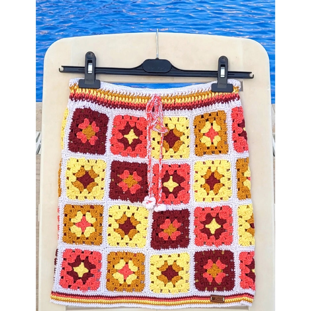Burgundy Yellow Granny Square Skirt, Crochet Mini Beachwear Skirt, Boho ...