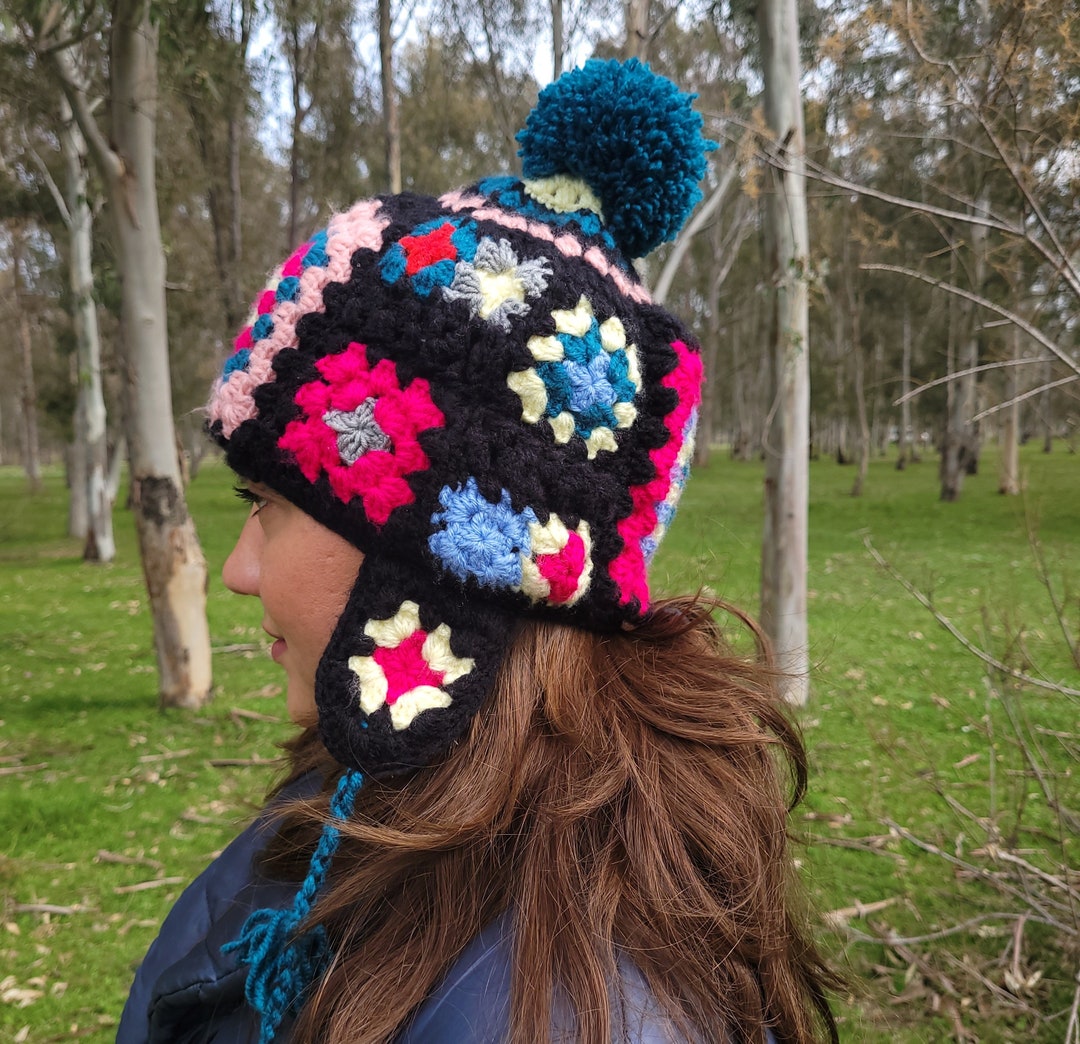 Colorful Granny Square Crochet Trapper Hat, Flower Knit Ear Flap Hat ...