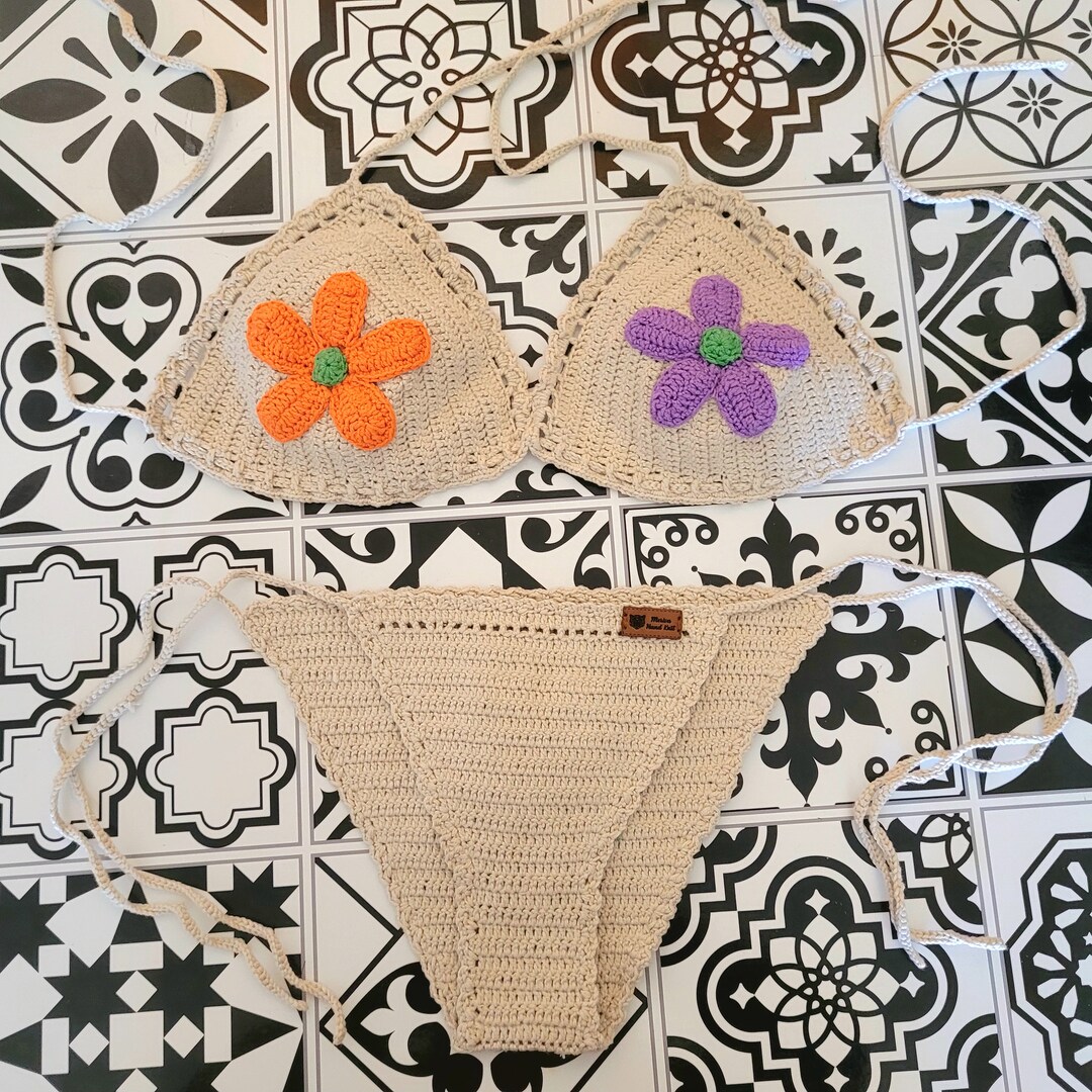 Crochet Bikini Set Tie up Bikini Top Hand Knit Bikini - Etsy