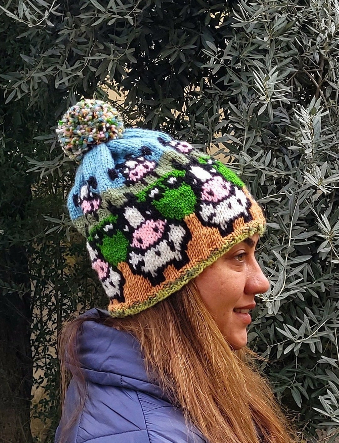 Dairy Cow Hat, Hand Knit Wool Bobble Beanie, Cute Animal Patterned ...