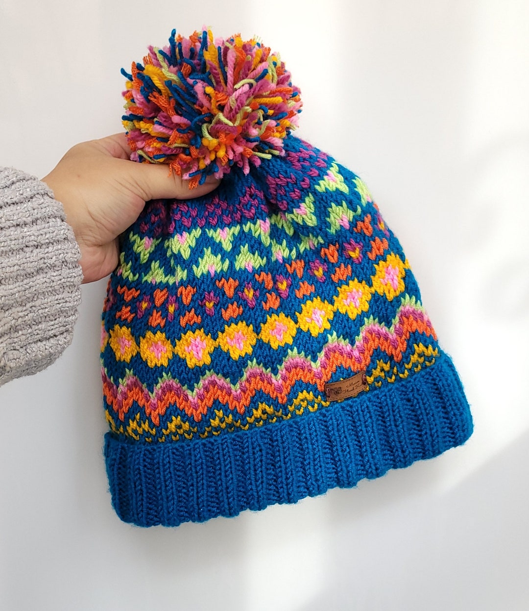 Women's Hand Knitted Blue Winter Hat, Fair Isle Bobble Beanie, Fleece ...