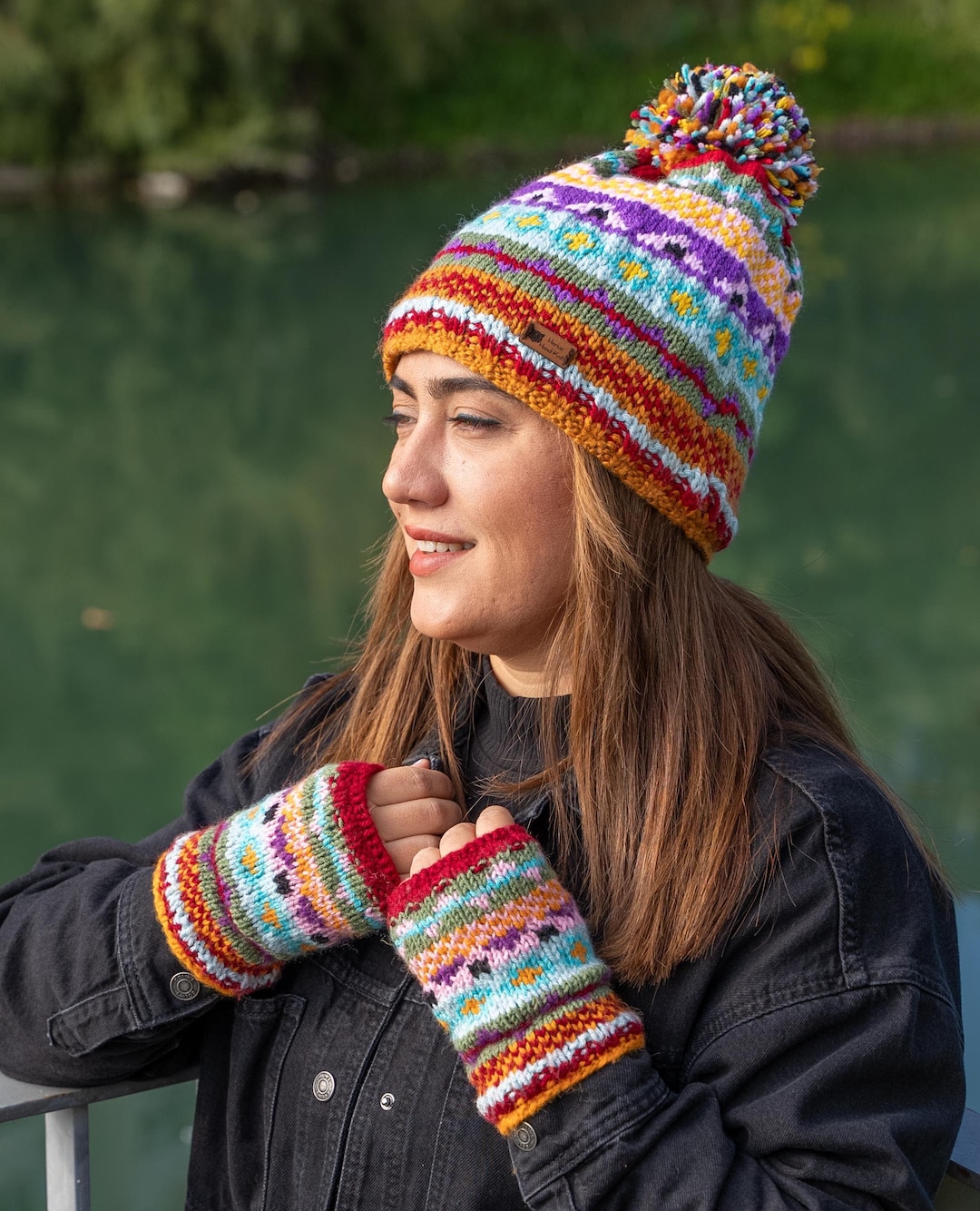 Women's Hand Knitted Retro Striped Winter Hat and Knit Gloves Set, Knit ...