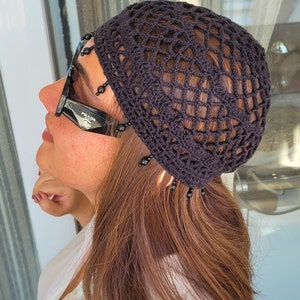 Beaded Black Crochet Hat, Cotton Mesh Knitted Hat, Skull Cap, Retro Hat ...