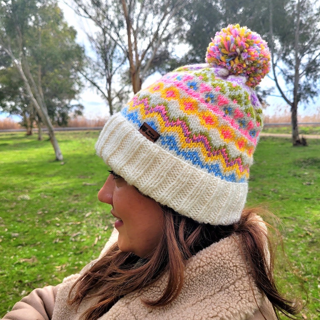 Colorful Hand Knitted Striped Winter Hat, Beige and Pink Cuffed Bobble ...