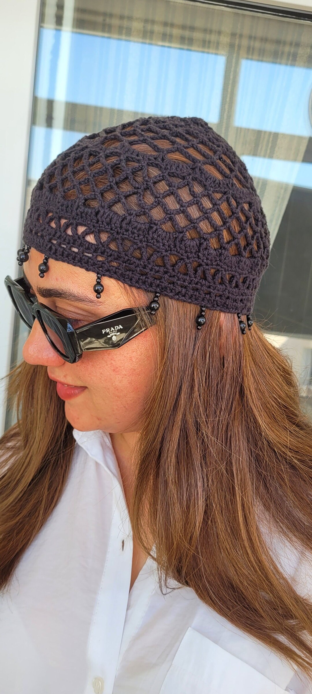 Beaded Black Crochet Hat, Cotton Mesh Knitted Hat, Skull Cap, Retro Hat ...