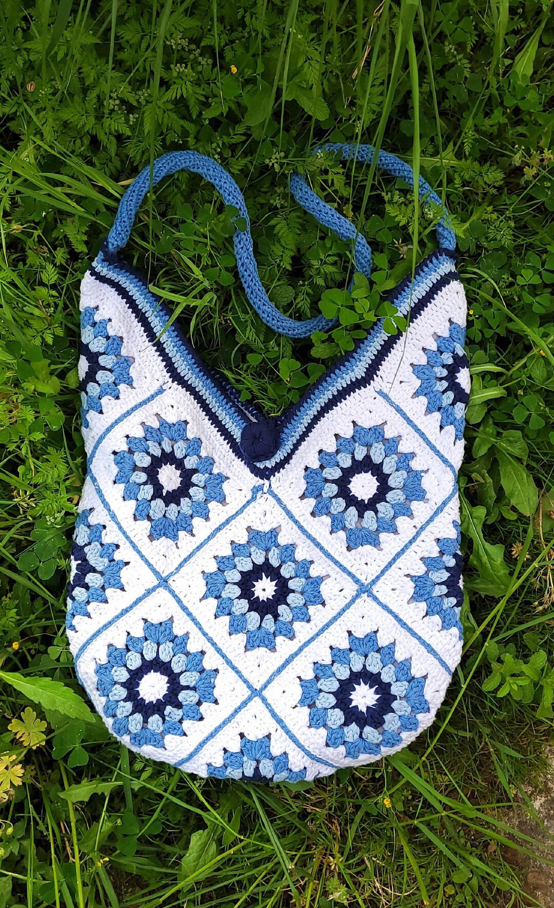 White Denim Blue Crochet Bag, Granny Square Bag, Evil Eye Bag ...
