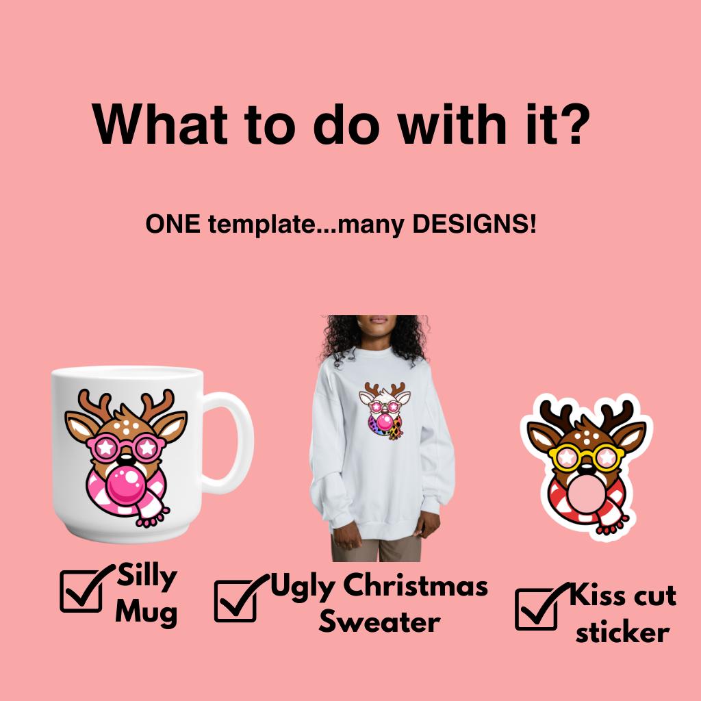 Bubblegum Reindeer Canva Template. Christmas T Shirt. Mug, Diy Graphic ...