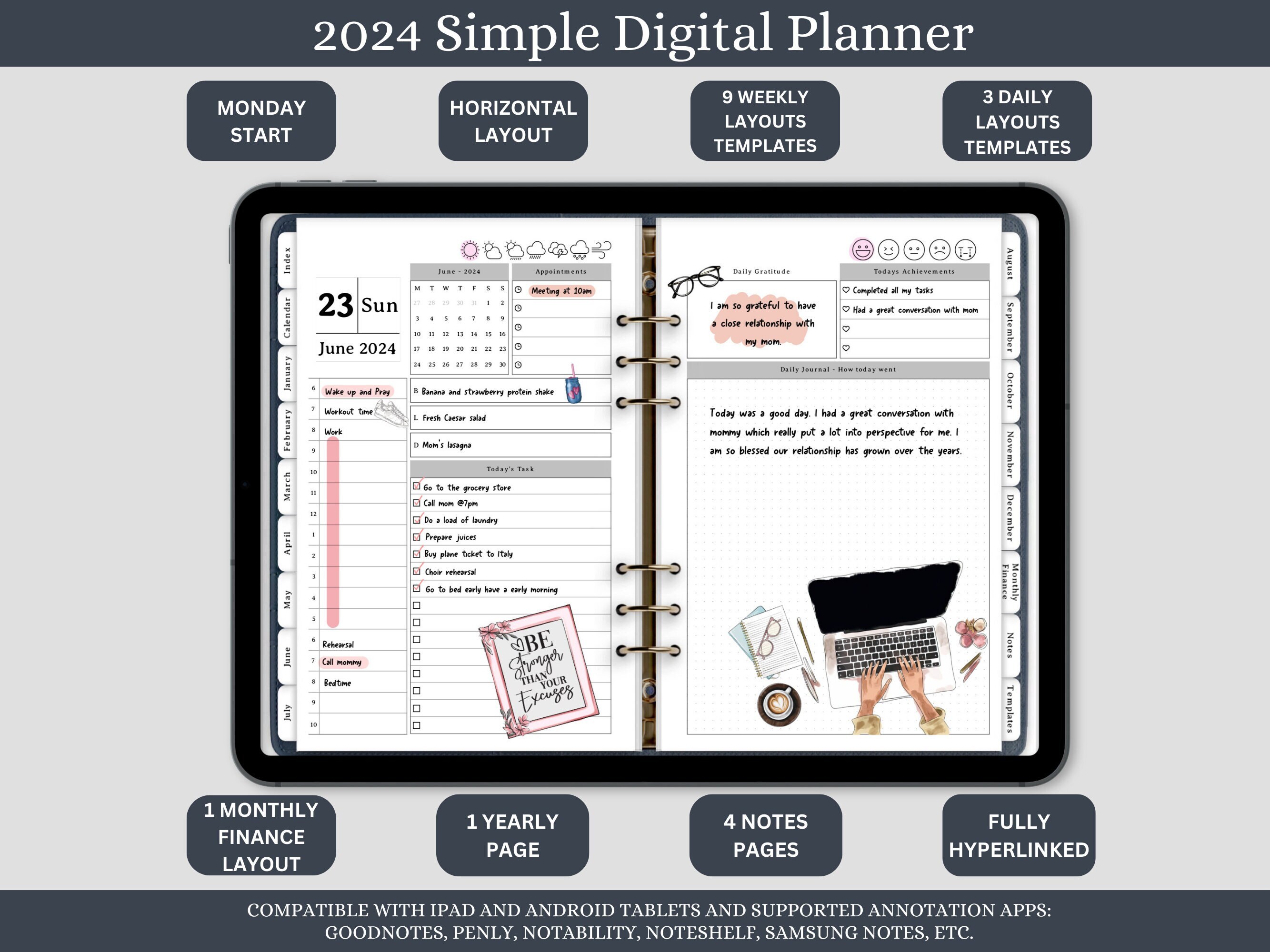 HYPERLINK Digital Planner, 2024 Simple Digital Planner, 2024 Digital Planner Horizontal, Starter ...