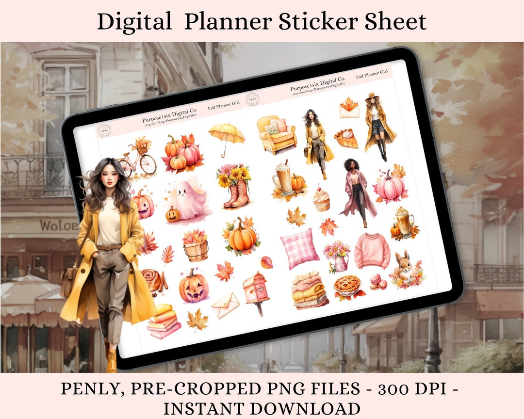 PENLY, Fall Planner Girl Digital Sticker Sheet, Pre-cropped Png's ...