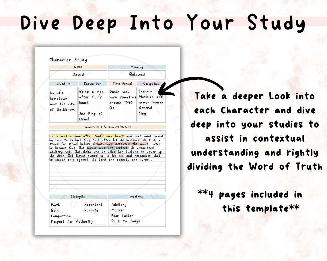 PRINTABLE, Bible Character Study Template, Bible Study Worksheet, Faith ...