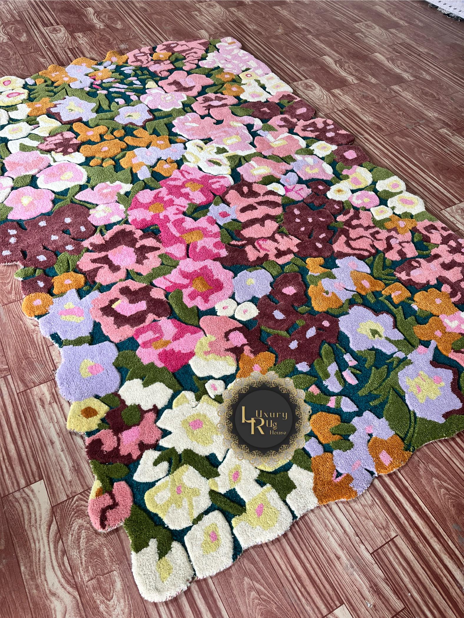 Hand-tufted Floral Rug: Multicolor Bloom, Wavy Edge, Cottagecore Style ...